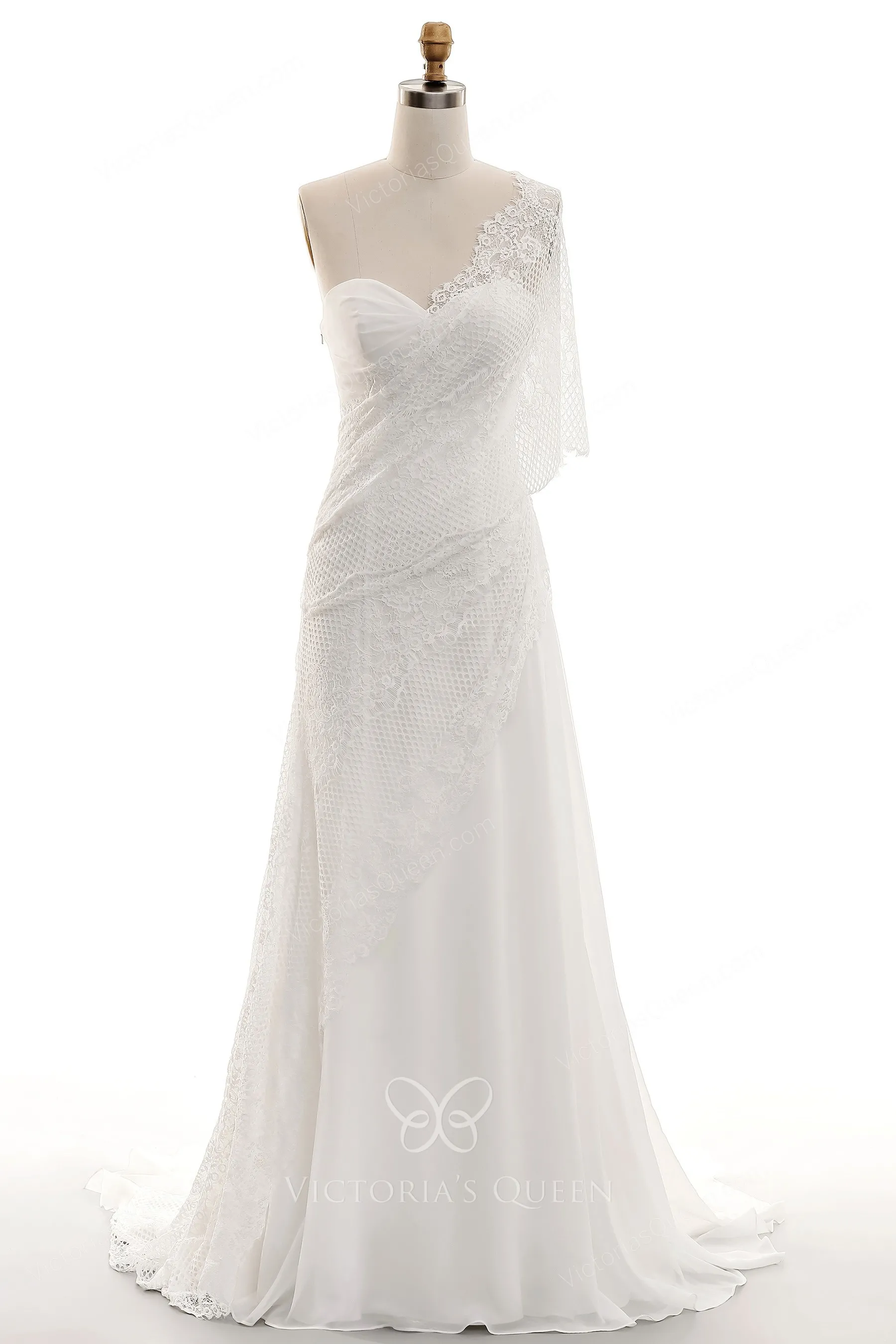 Asymmetric One Shoulder Lace & Chiffon Outdoor Bridal Dress - VQ