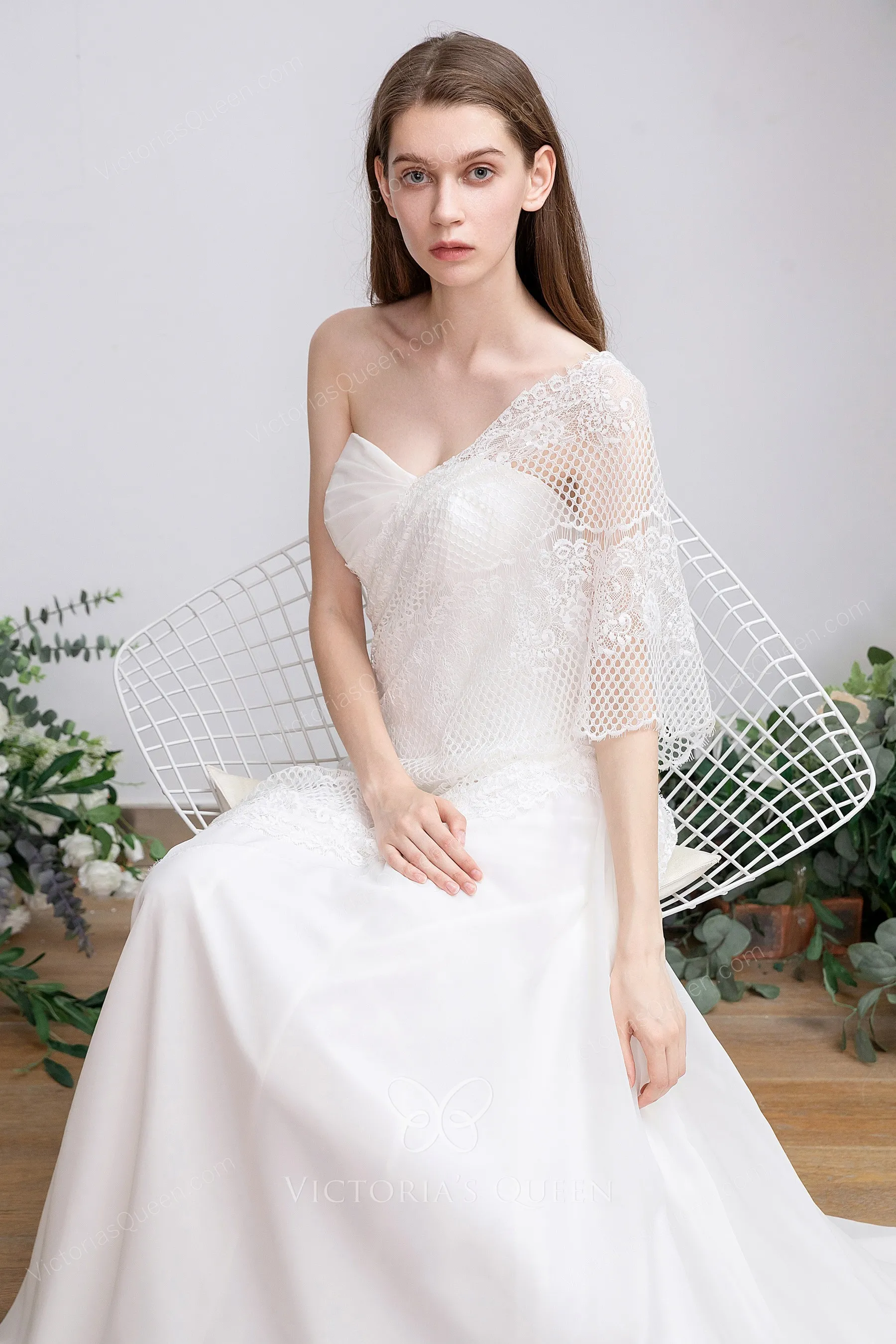 Asymmetric One Shoulder Lace & Chiffon Outdoor Bridal Dress - VQ