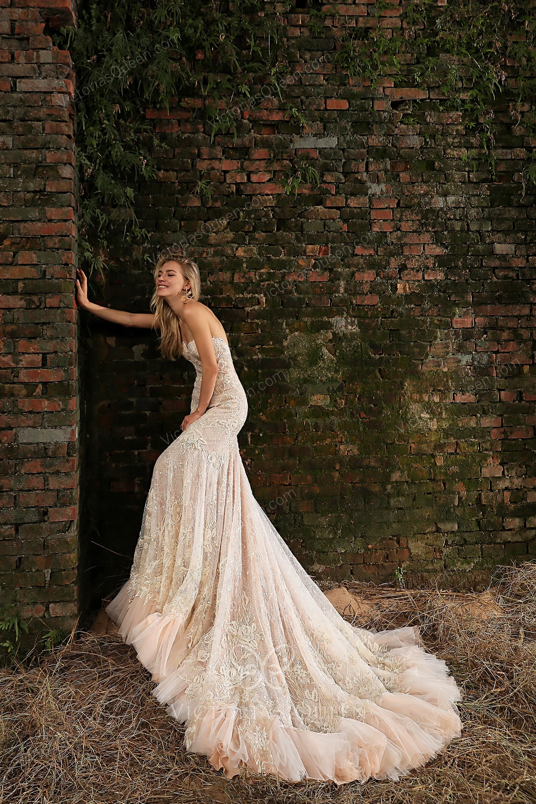 Dusty Rose Sweetheart Beaded Lace Mermaid Fall Bridal Gown - VQ