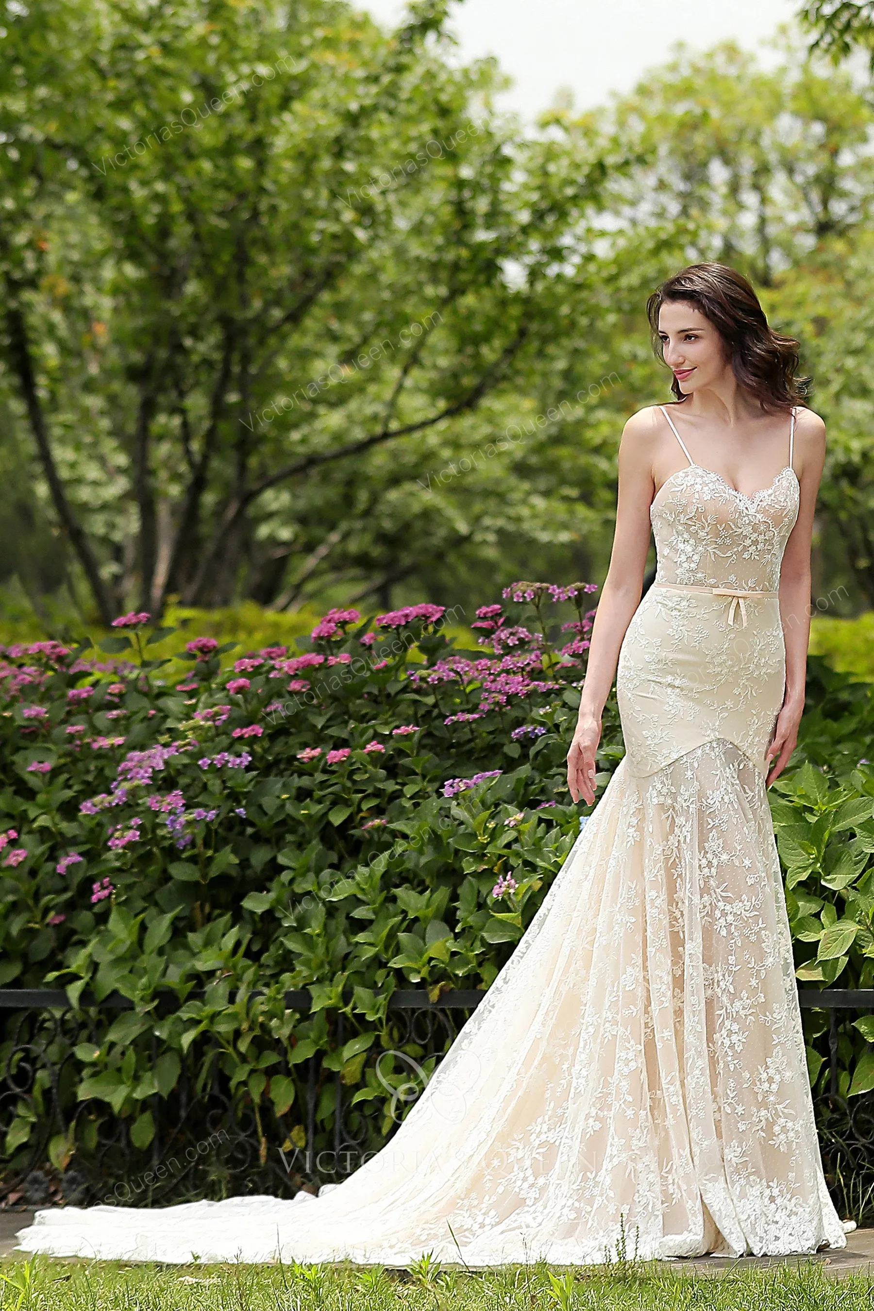 Spaghetti Strap Sheer Lace Mermaid Destination Wedding Dress - VQ