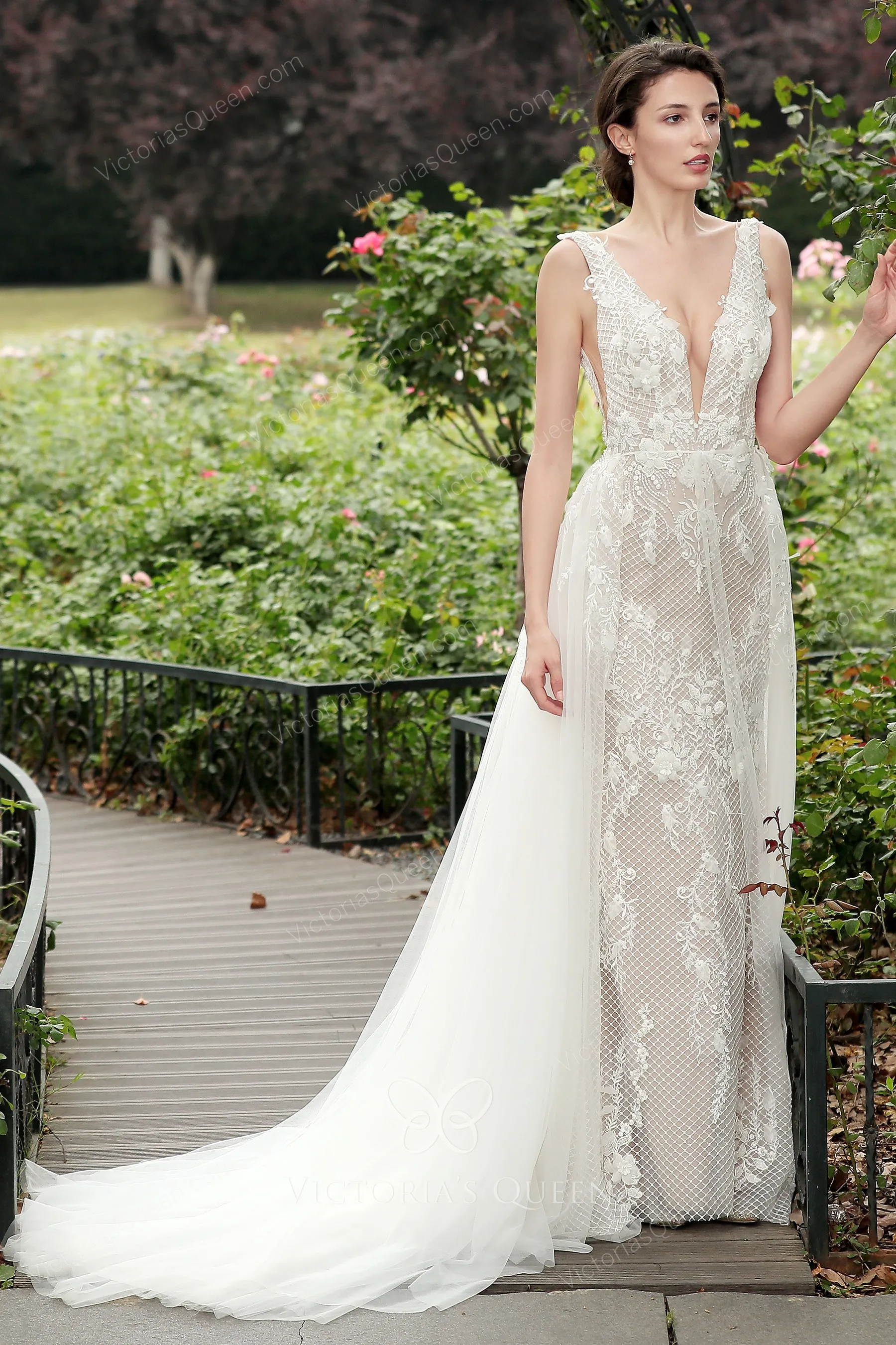 Romantic Beaded Lace Garden Bridal Gown with Tulle Overskirt - VQ
