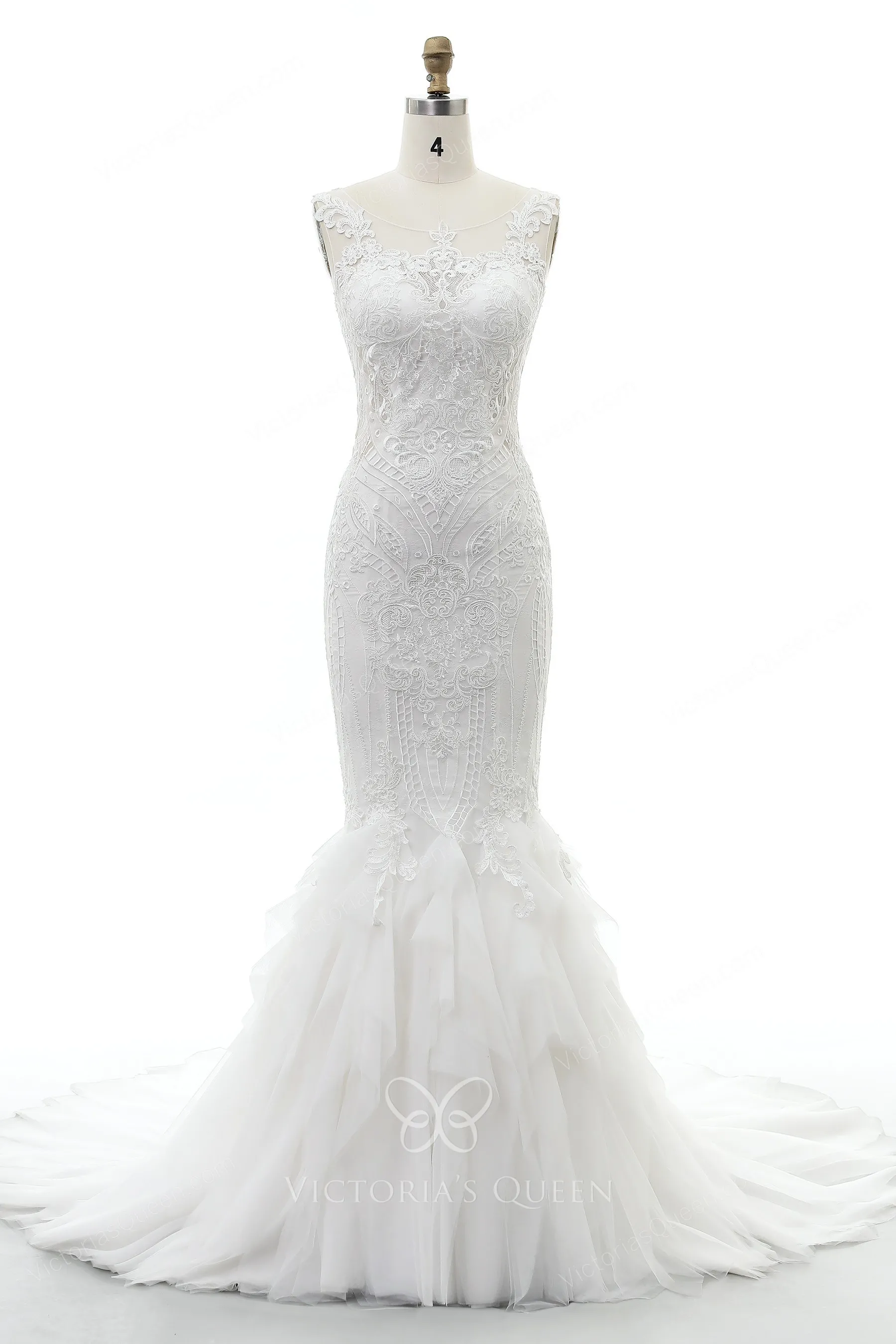 Abstract Lace Flanged Tulle Mermaid Spring Wedding Dress - VQ