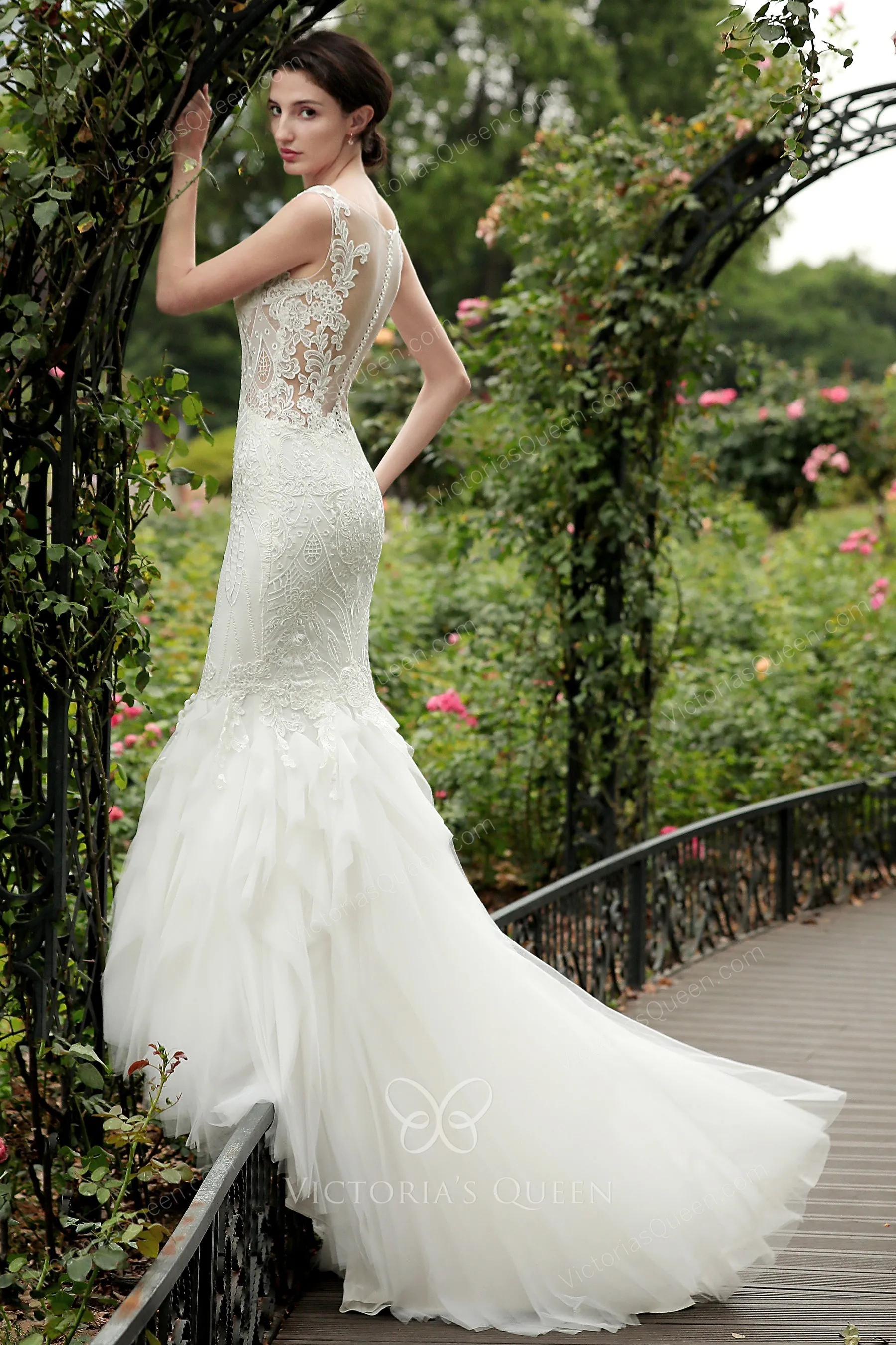Abstract Lace Flanged Tulle Mermaid Spring Wedding Dress - VQ