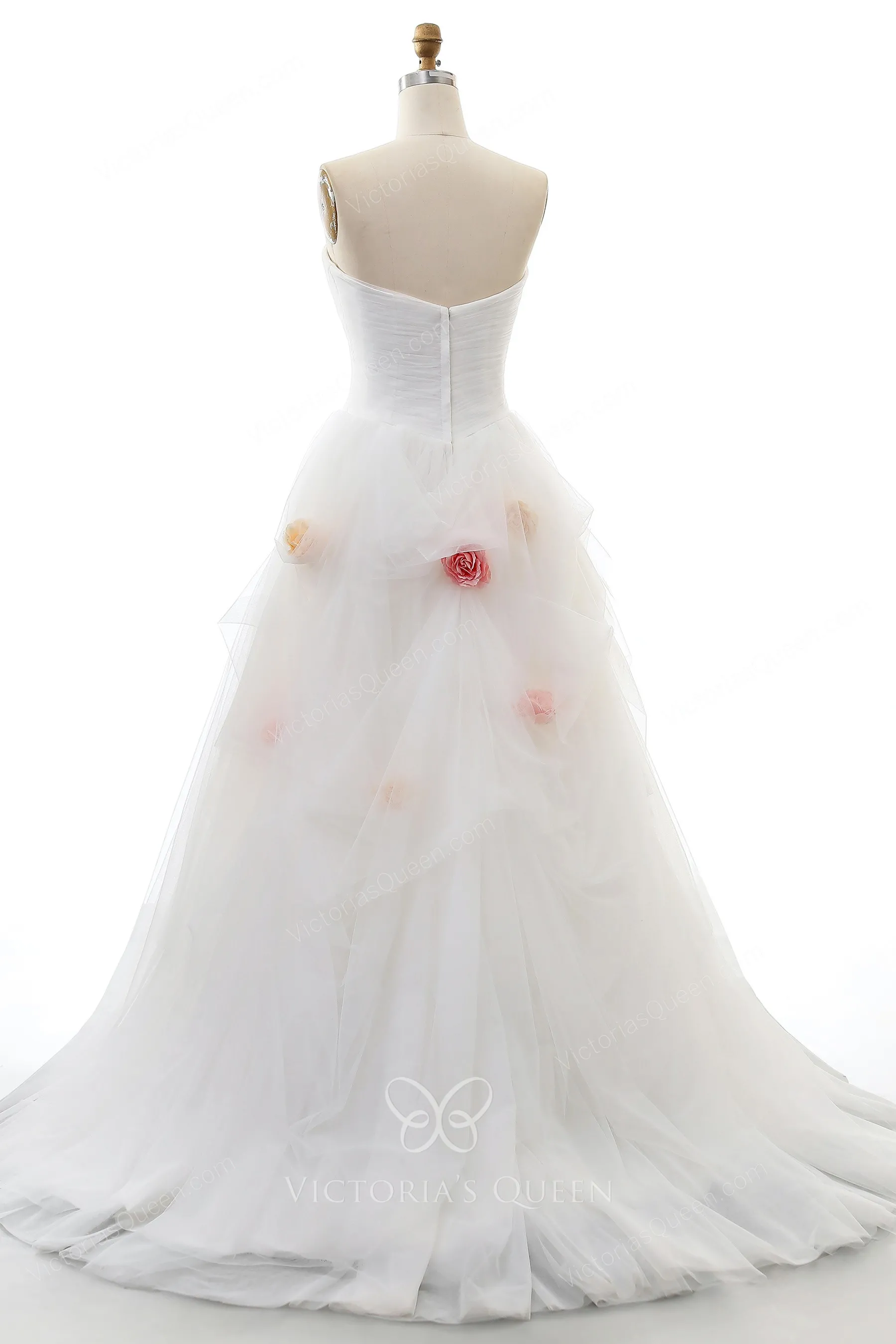 Cute Pleated Tulle Puffy Wedding Dress with Rose Flowers - VQ